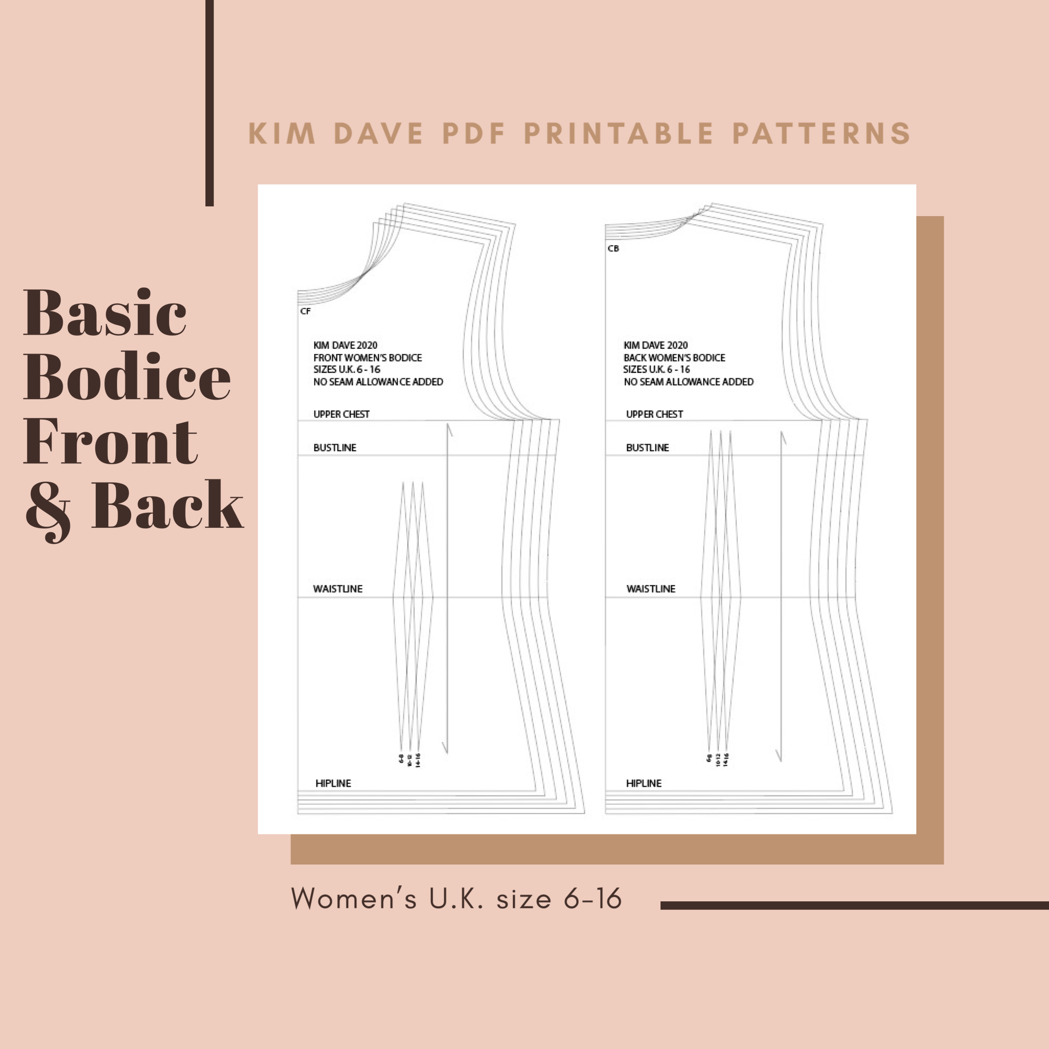 PDF Basic Bodice Printable Sewing Patterns U.K. Size 6 - 16 – Kim Dave